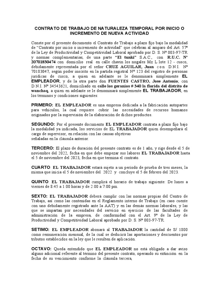 Contrato de Trabajo Por Inicio de Nueva Actividad | PDF