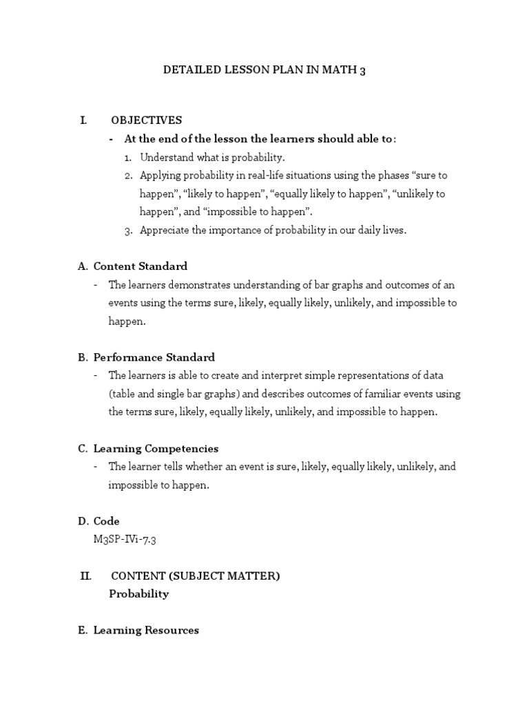 Detailed Lesson Plan in Math 3 | PDF | Lesson Plan | Learning