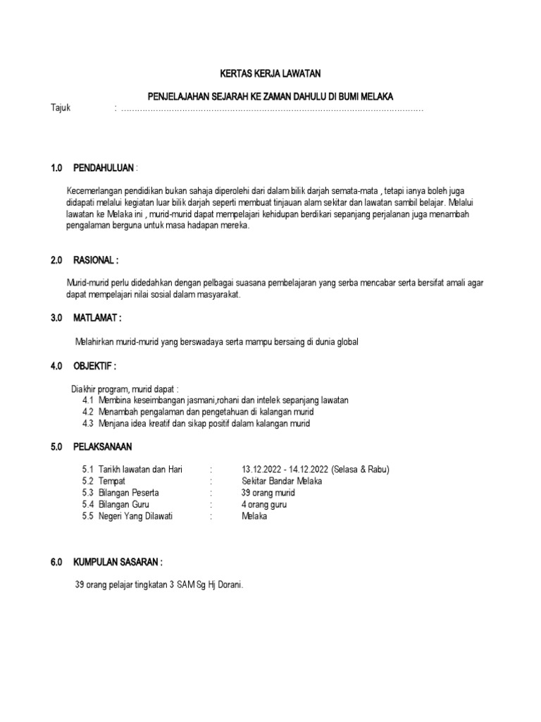 Kertas Kerja Lawatan Melaka | PDF
