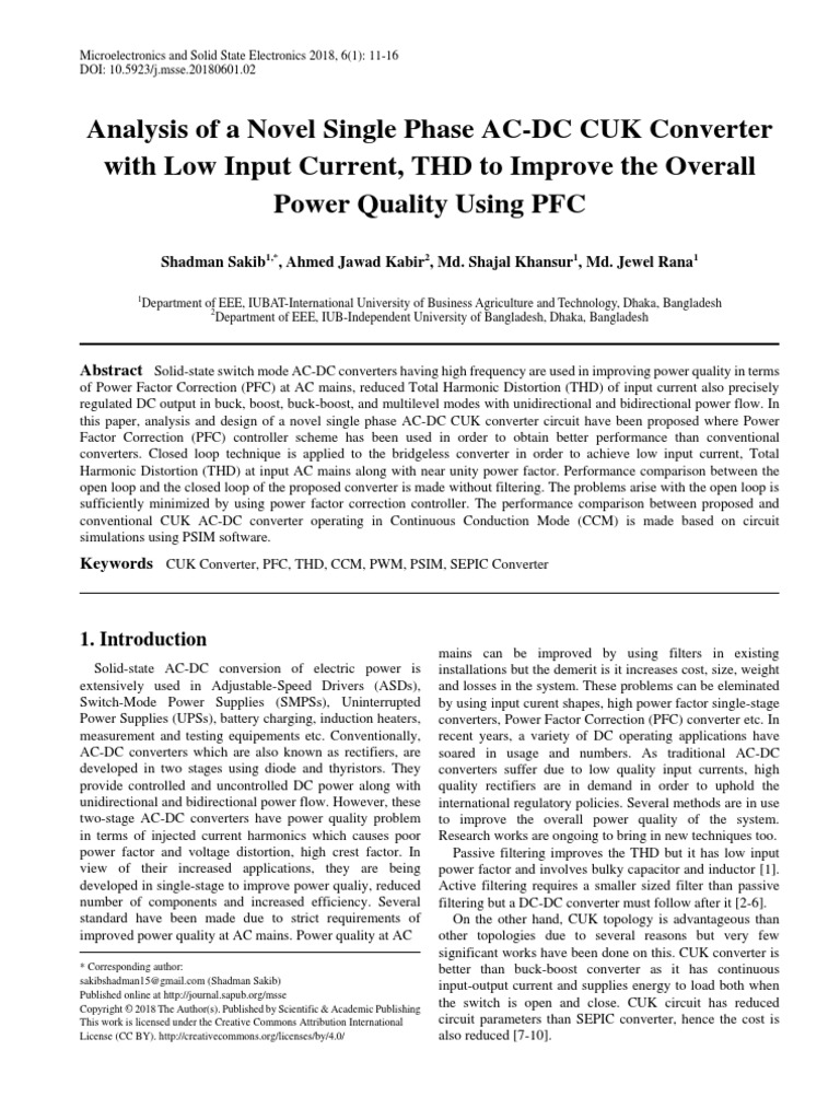 Analysis Of A Novel Single Phase Ac Dc Cuk Converter With Low Input