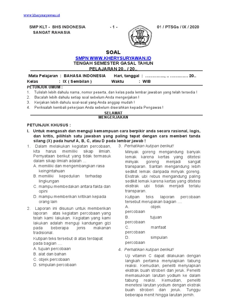 3 - SOAL PTS BINDO Versi 2 - WWW - Kherysuryawan.id | PDF