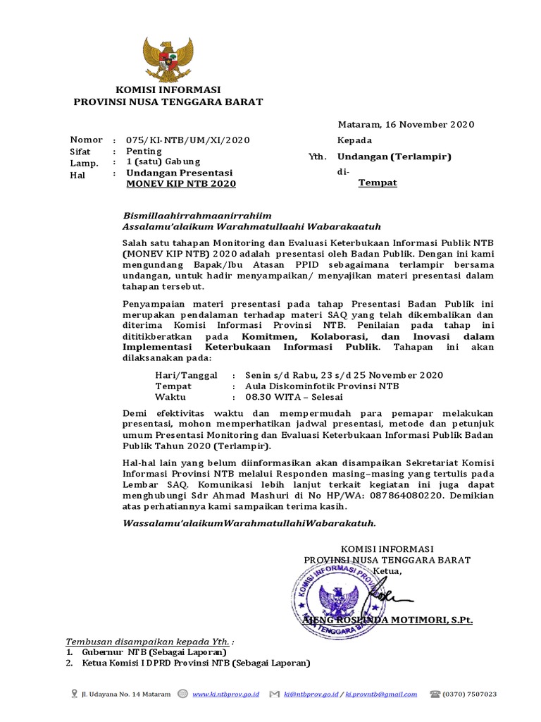 Undangan Presentasi Monev Kip NTB 2020 | PDF