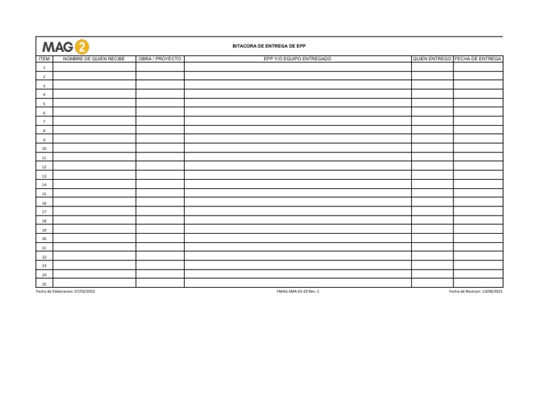 FMAG-SMA-01-03 C Bitacora de Entrega de EPP | PDF