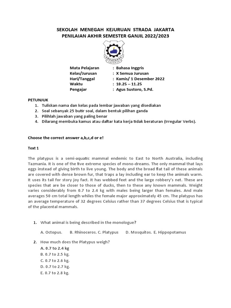 Soal Pas Bahasa Inggris KLS X | PDF | Snake | Bears