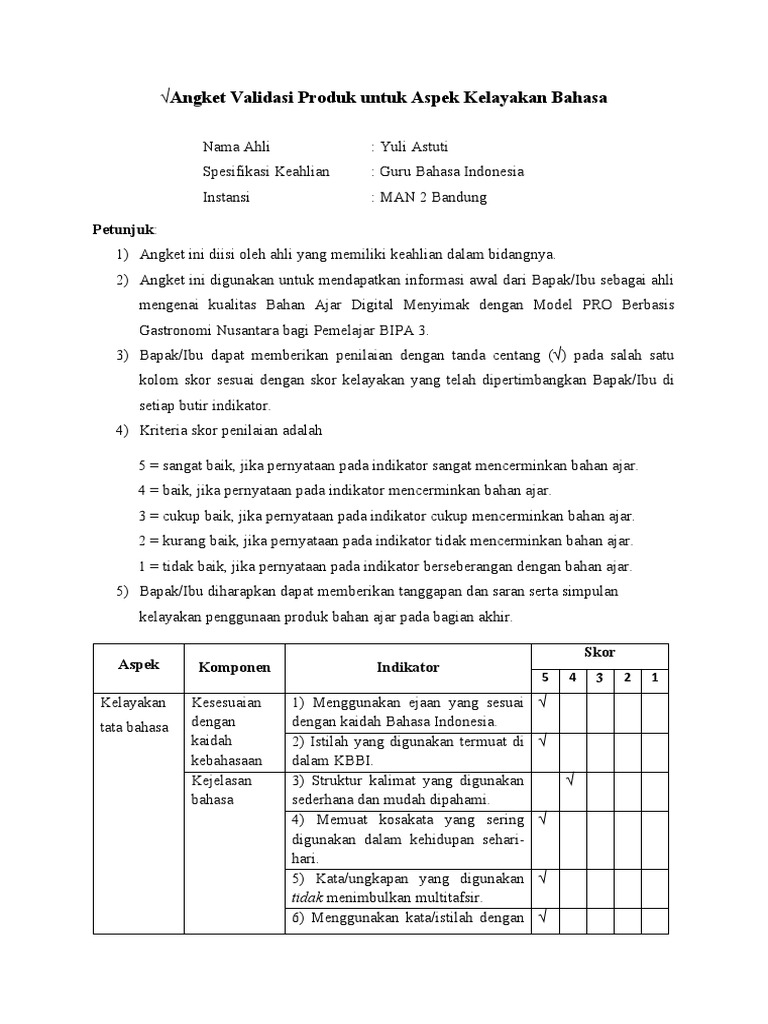 Angket Validasi Produk Untuk Aspek Kelayakan Bahasa | PDF