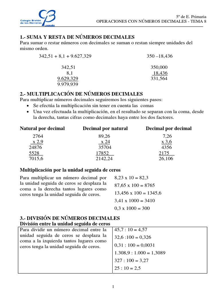 Ejercicos y Problemas de Decimales | PDF | División (Matemáticas ...