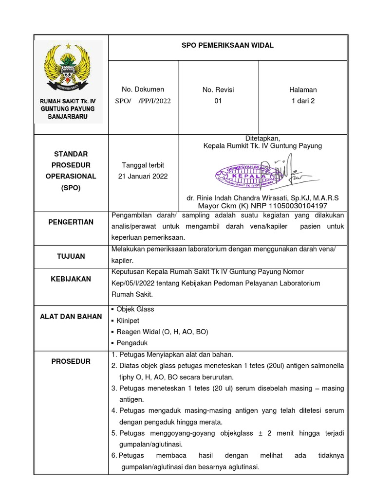 Prosedur Pemeriksaan Widal Laboratorium | PDF