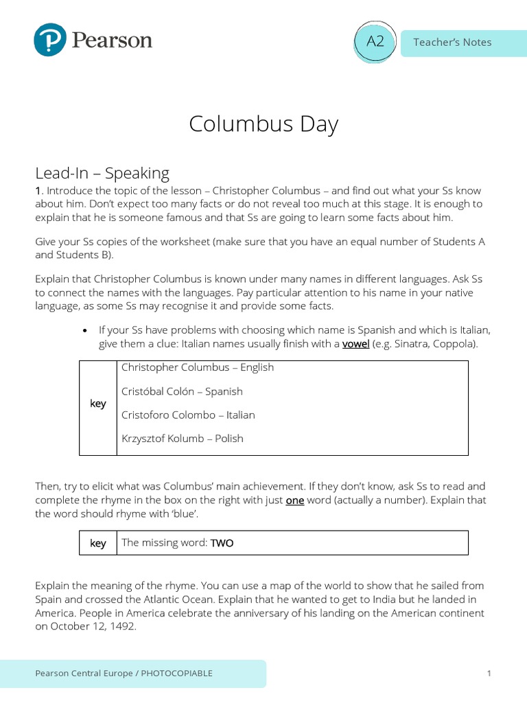 A2 Teenagers Columbus Day Lesson Plan Teacher S Notes | PDF