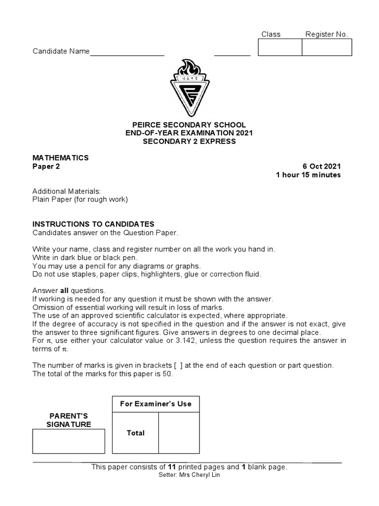 2021 2E SA2 Math Paper 2 QP | PDF