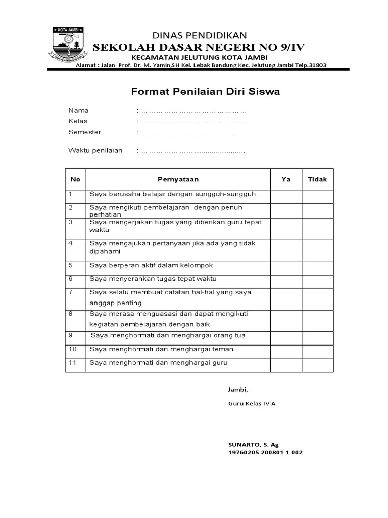 Format Penilaian Diri K13 | PDF