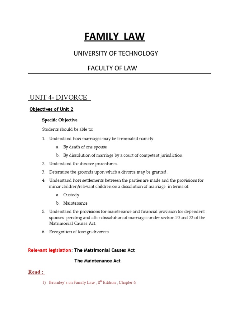 Divorce Lecture Notes (2) Family Law | PDF | Divorce | Marriage