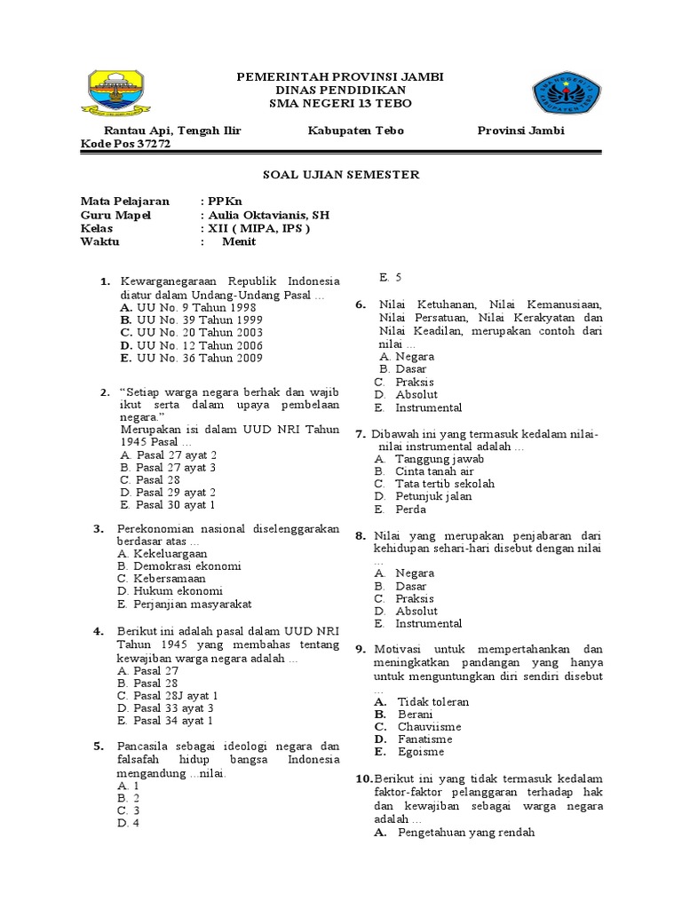 SOAL UJIAN PPKN SEMESTER 1 KELAS XII 2021 | PDF