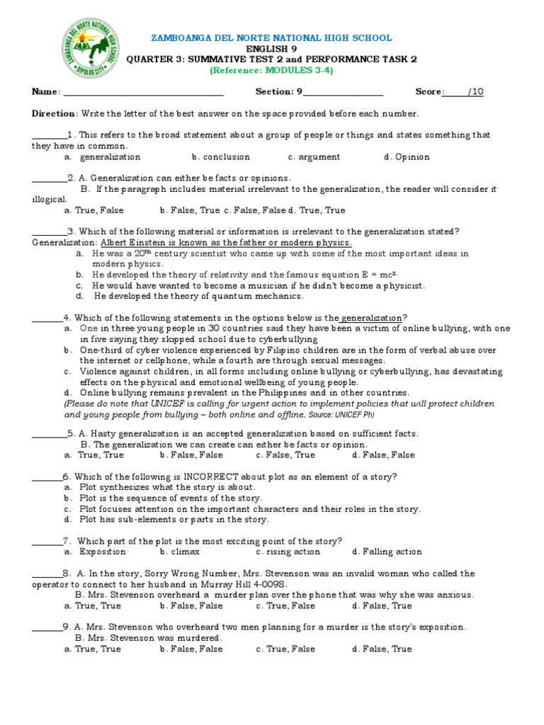 English 9 Quarter 3 Summative Test 2 and Performance Task 2 | PDF