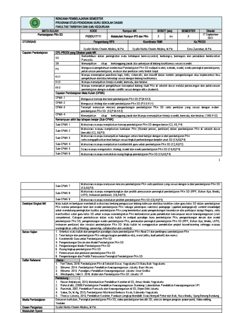 RPS Pembelajaran PKN SD 2021 | PDF | Seni