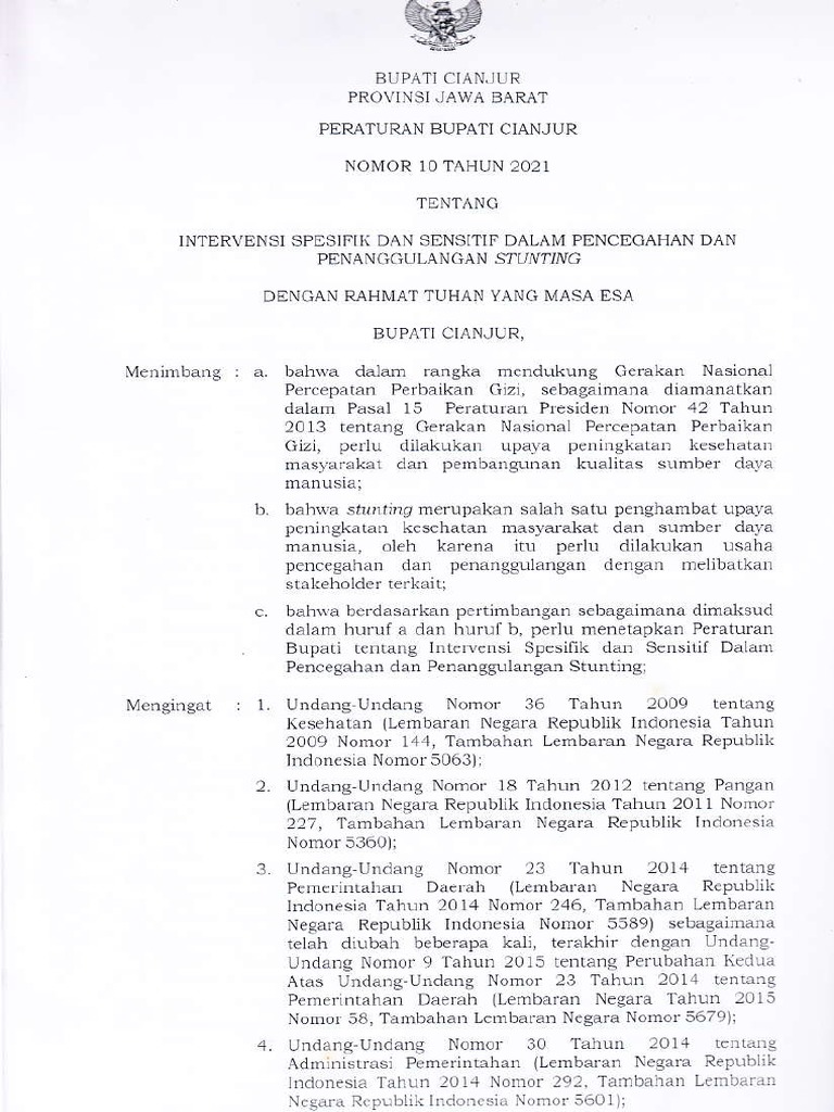 NOMOR 10 TAHUN 2021 Peraturan Bupati (PERBUP) Tentang Intervensi Spesifik Dan Sensitif Dalam ...