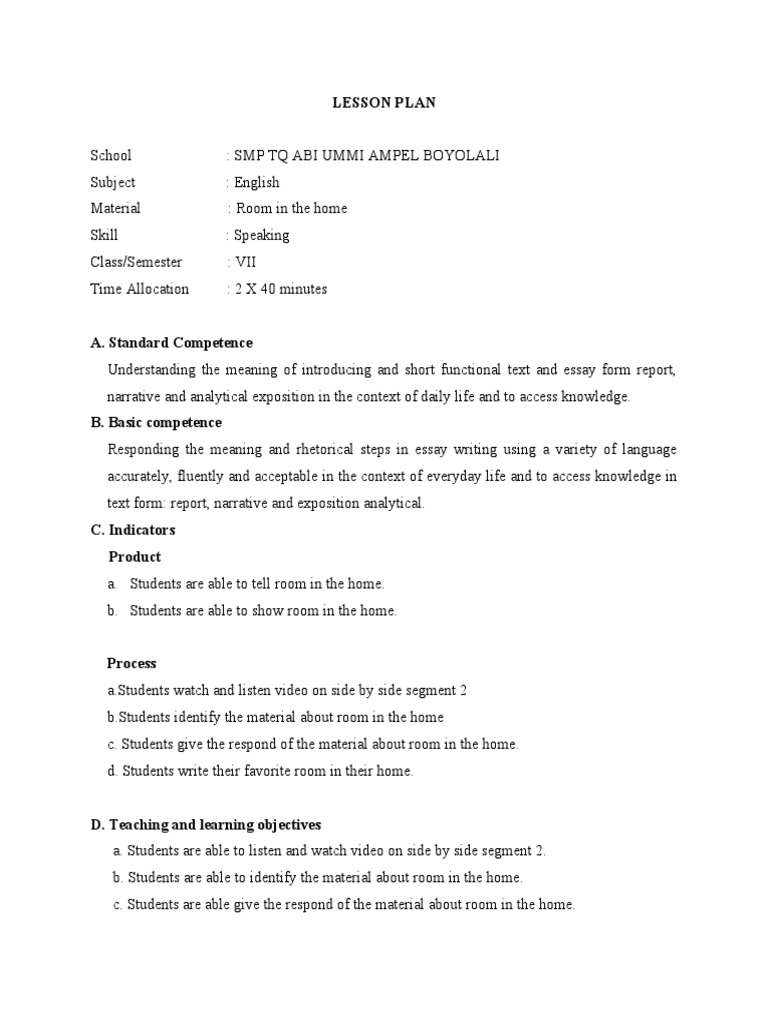 English Lesson Plan: Rooms in Home | PDF