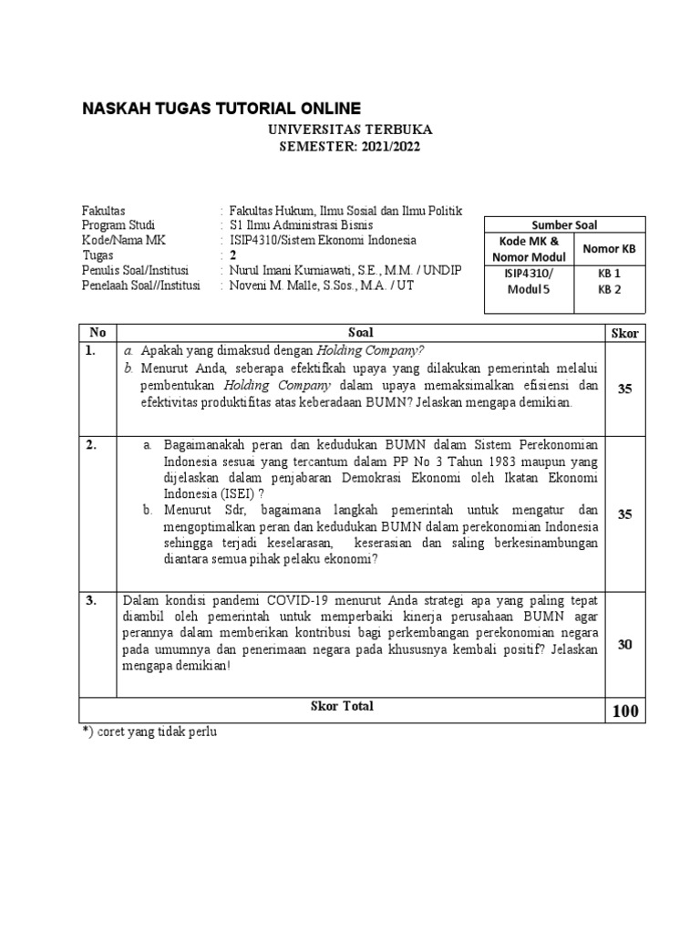 Naskah Tugas Tutorial Online: Universitas Terbuka SEMESTER: 2021/2022 | PDF | Bisnis