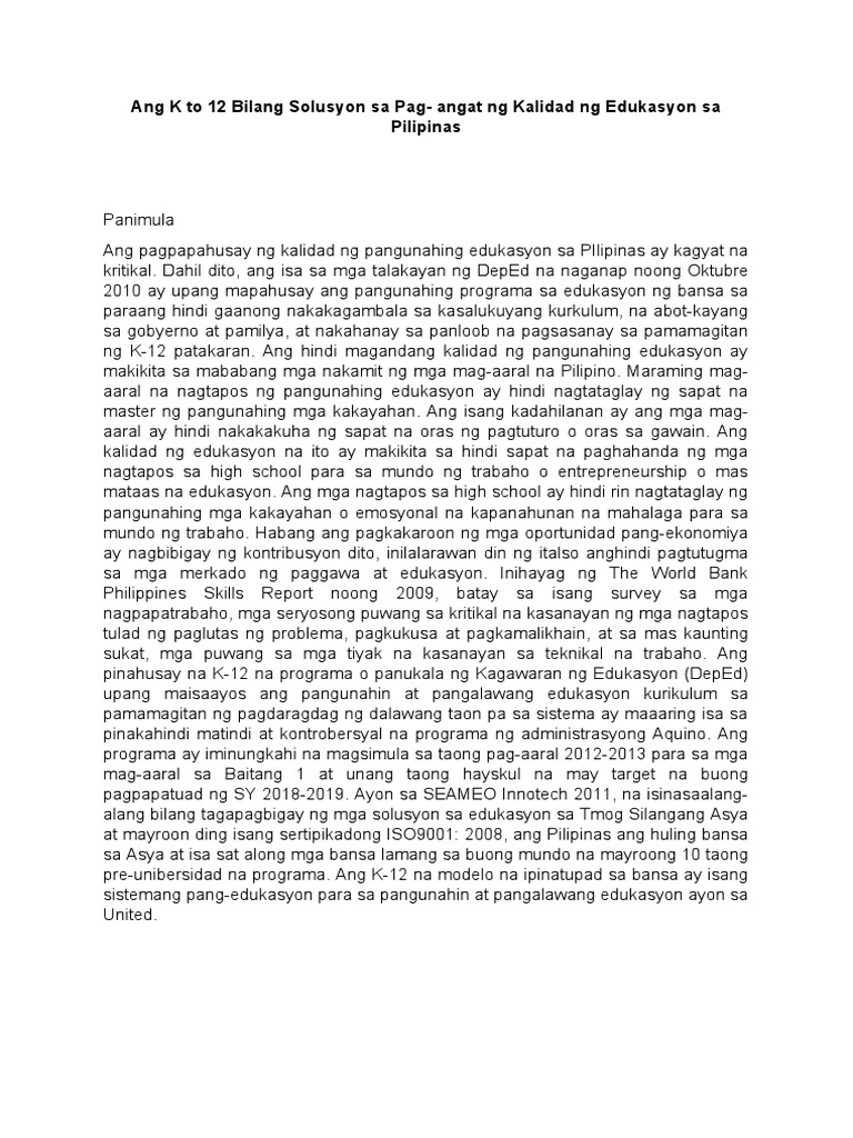 Ang K To 12 Bilang Solusyon Sa Pag-Unlad | PDF