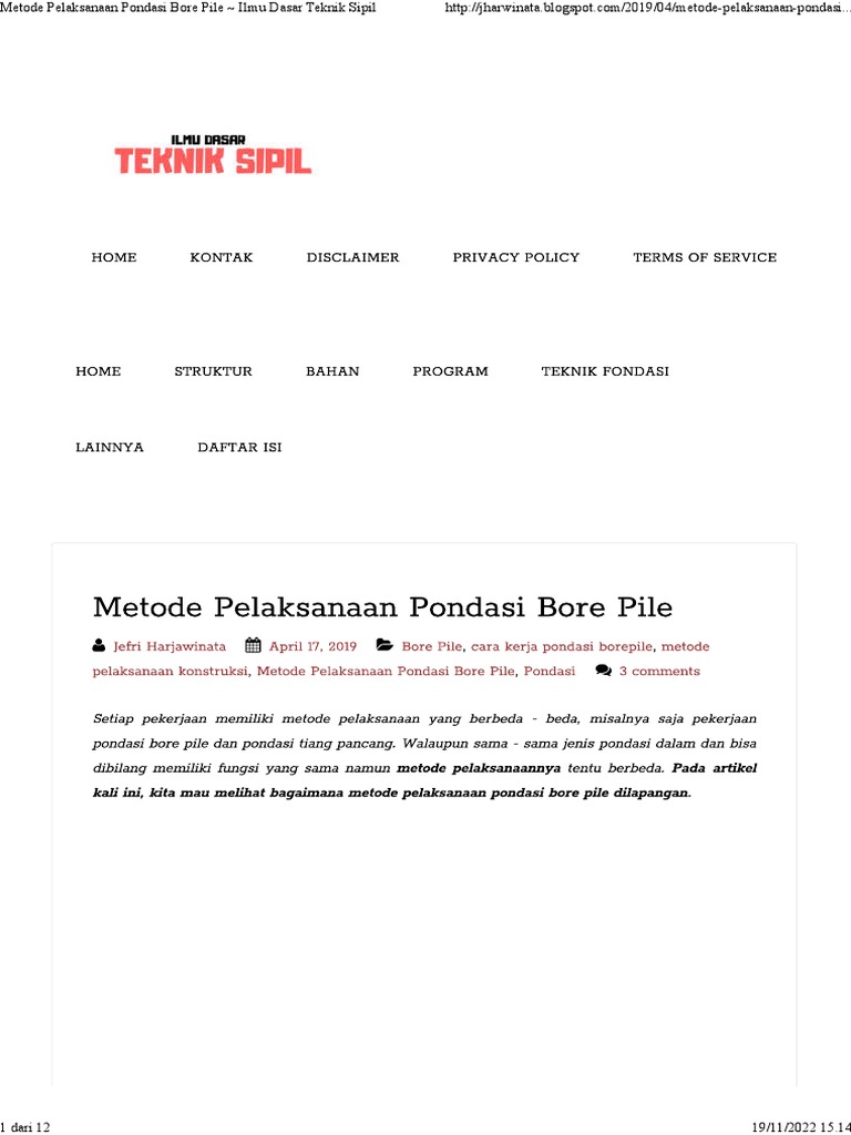 Metode Pelaksanaan Pondasi Bore Pile Ilmu Dasar Teknik Sipil | PDF