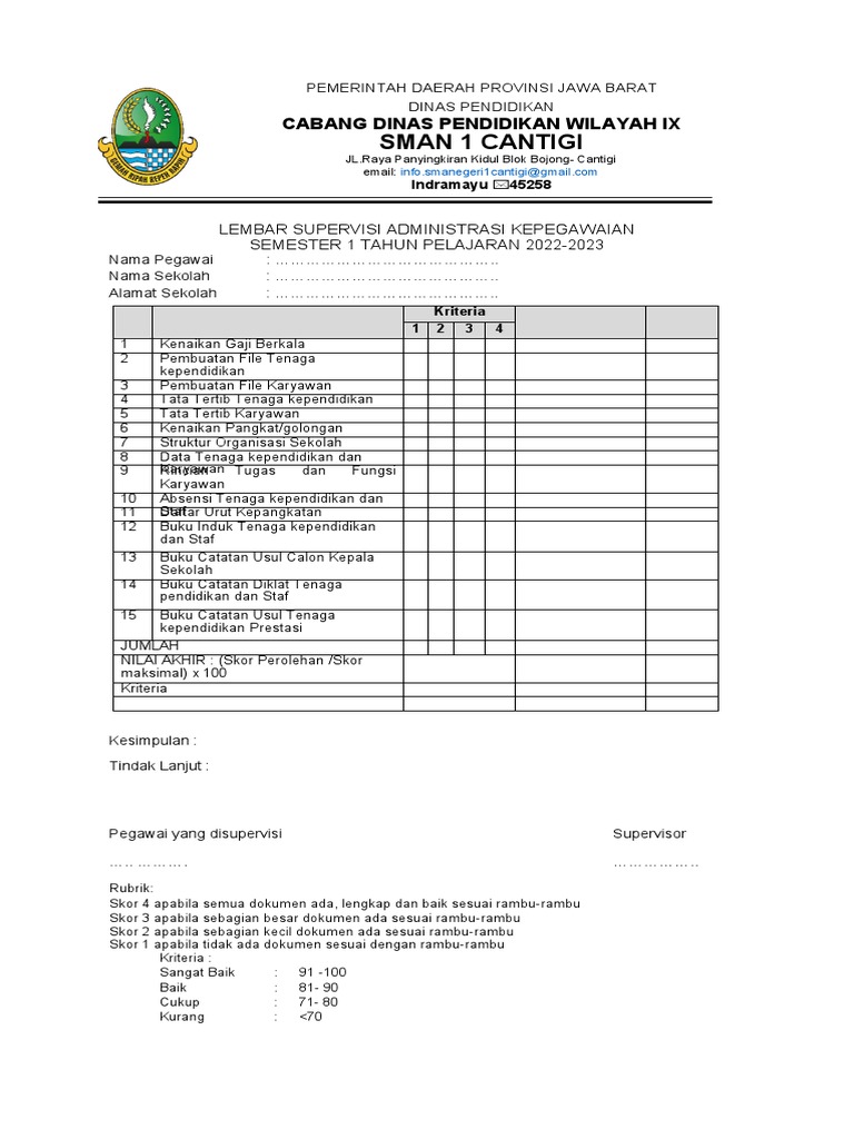 Form Supervisi Tendik | PDF