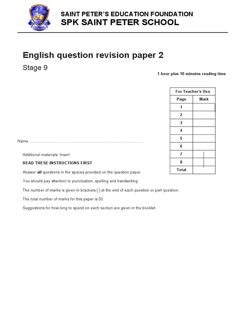 Revision Paper 2 Fiction | PDF