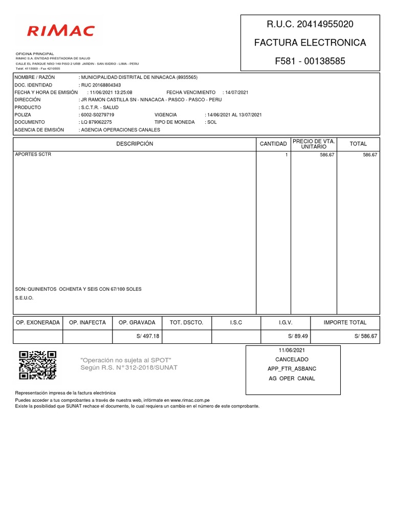 Factura Electrónica Rimac Seguros SCTR | PDF