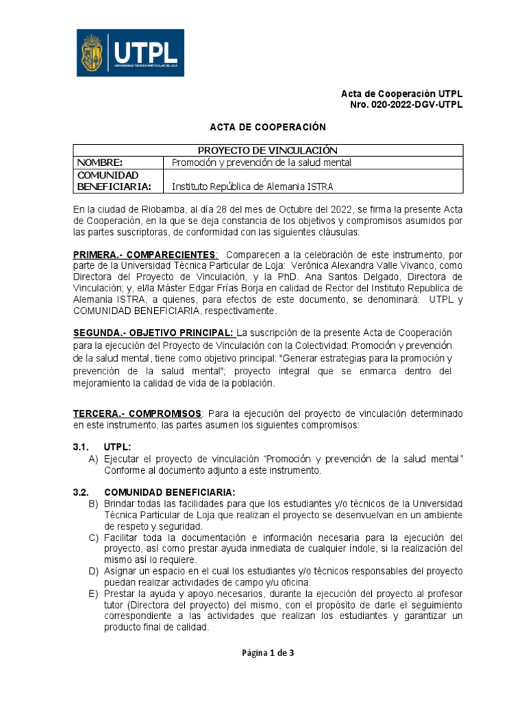 Anexo 6 - Acta de Cooperacion UTPL. JISSEL | PDF