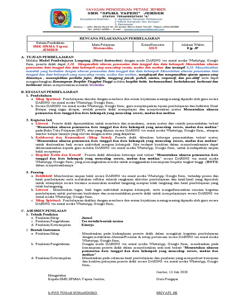 Template RPP 1 Lembar - Model Pembelajaran Langsung Matematika | PDF