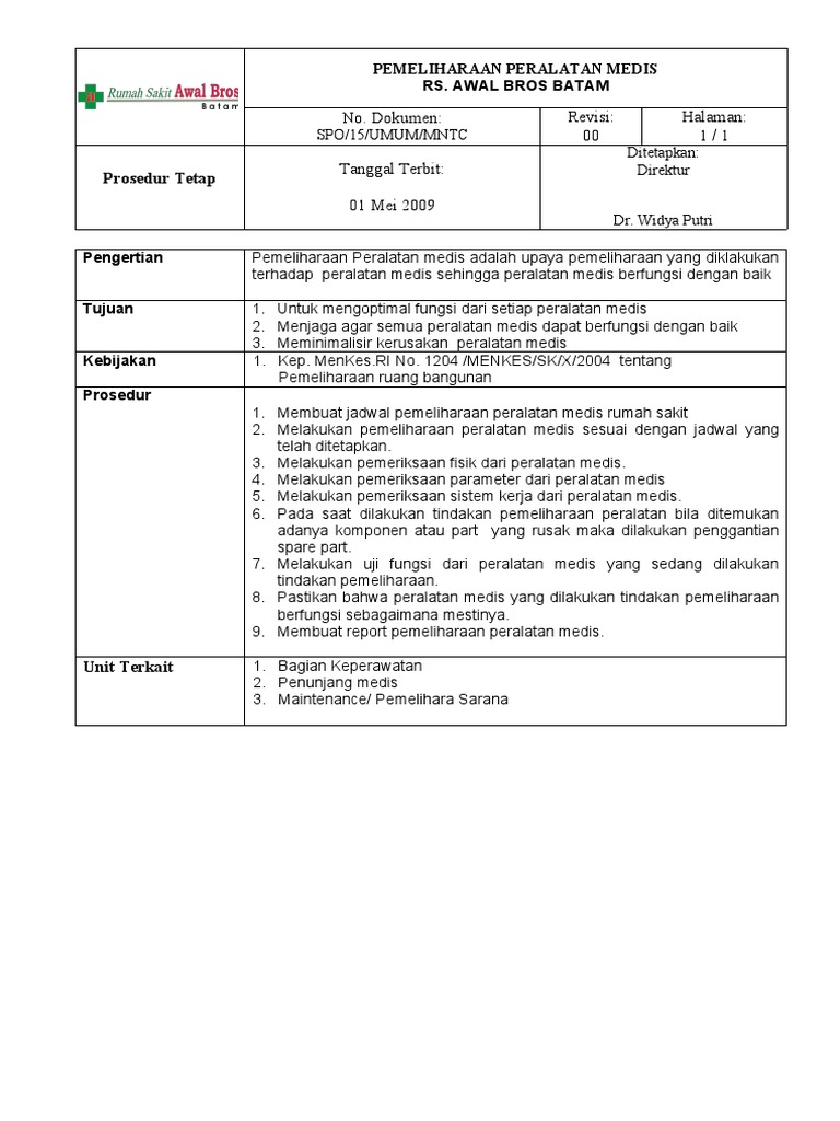 MNTC SOP 15 Pemeliharaan Peralatan Medis New | PDF