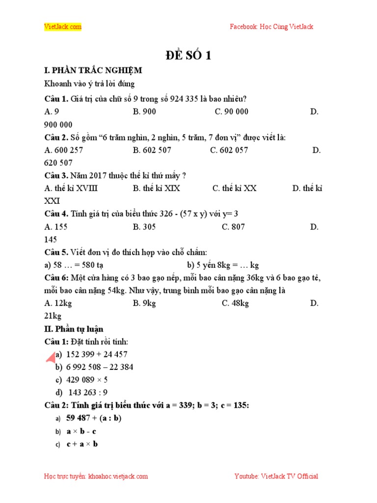 Bo de Thi Toan Lop 4 Giua Hoc Ki 1 | PDF