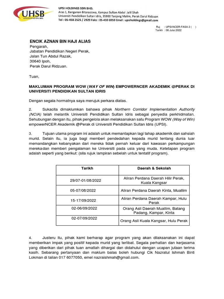 Surat Makluman Program Wow (Way of Win) - JPN | PDF