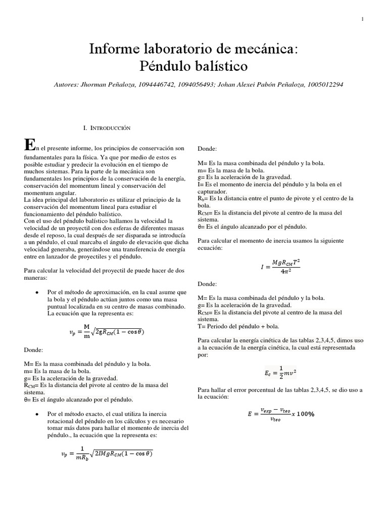 Informe 10 LABORATORIO DE MECÁNICA (PENDULO BALISTICO) | PDF