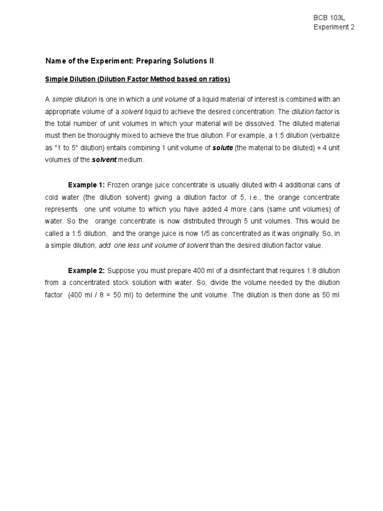 BCB 103L Expt 2 Preparing Solutions II | PDF | Concentration | Water