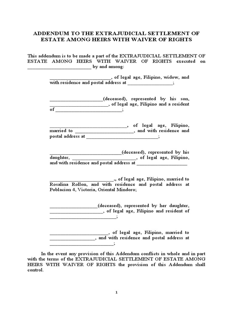 Extrajudicial Settlement ADDENDUM Sample | PDF | Politics | Social Science