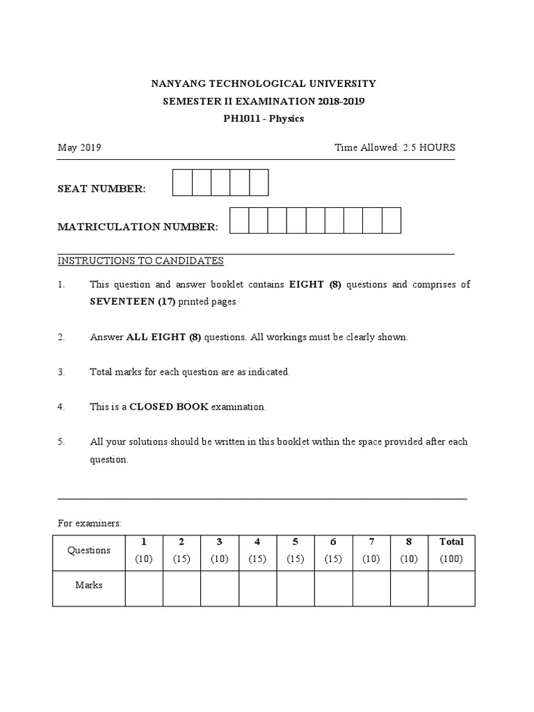 PH1011 Physics Exam May 2019 | PDF | Force | Gases