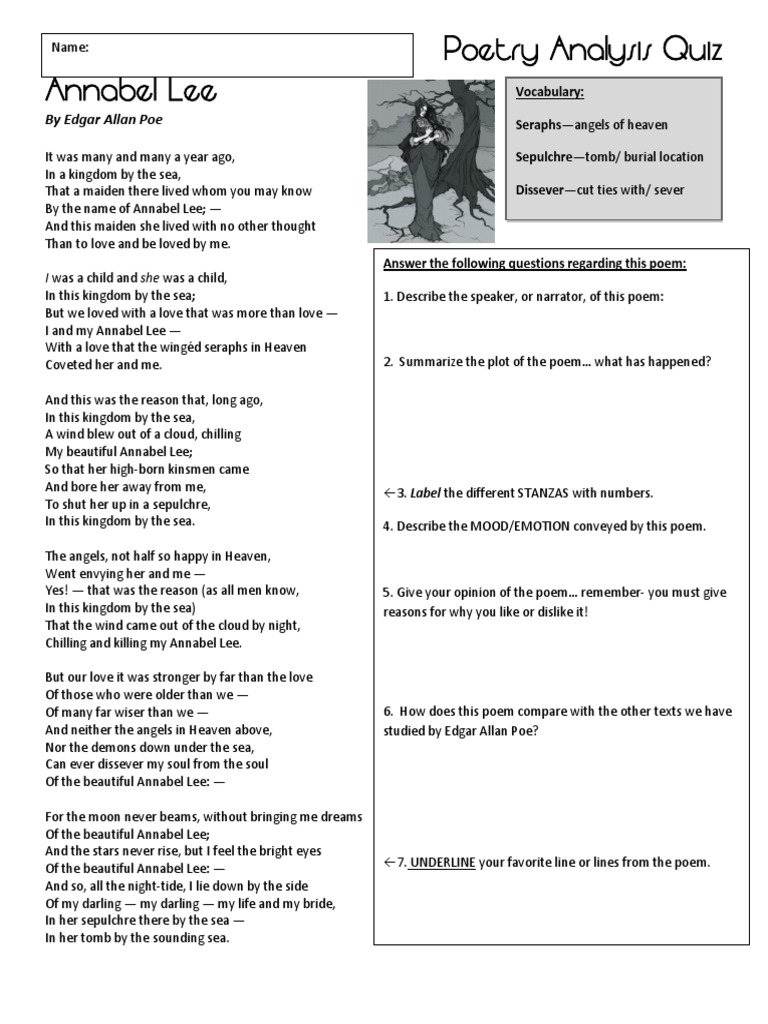 Annabel - Lee - Poe - Analysis - Quiz | PDF