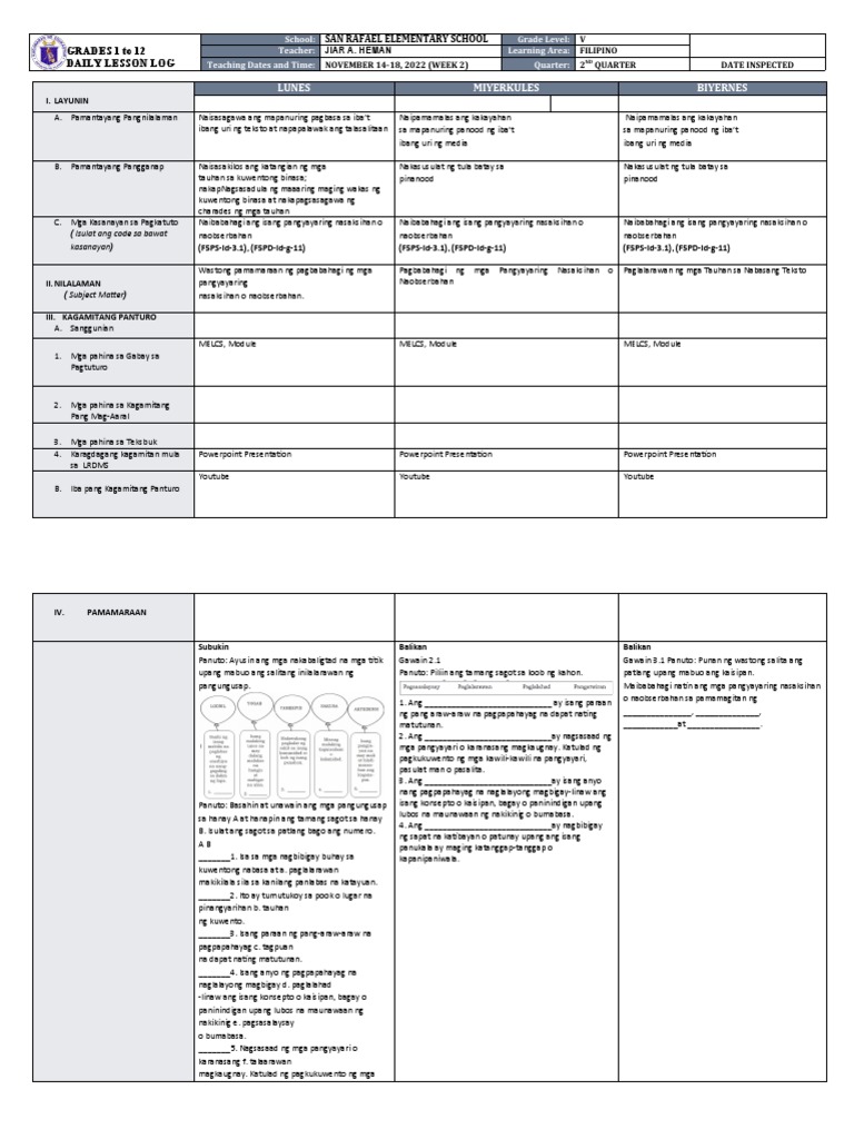 DLL Filipino 5 q2 w2 | PDF