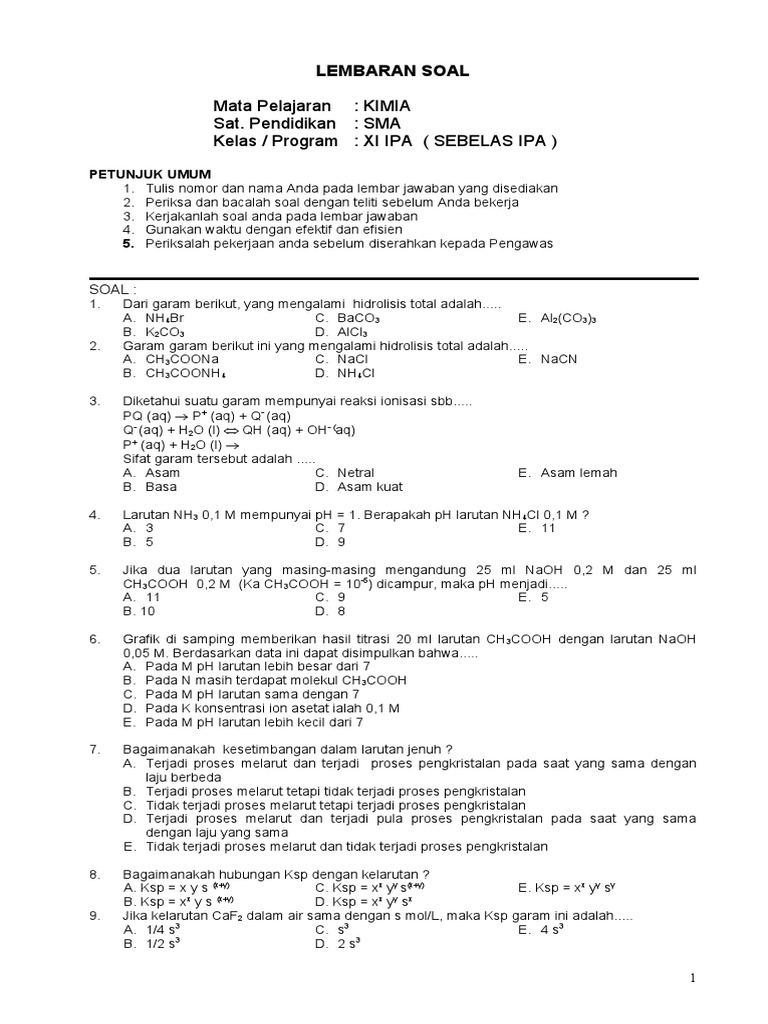 Soal Kimia Xi - Hidrolisis | PDF | Sains & Matematika