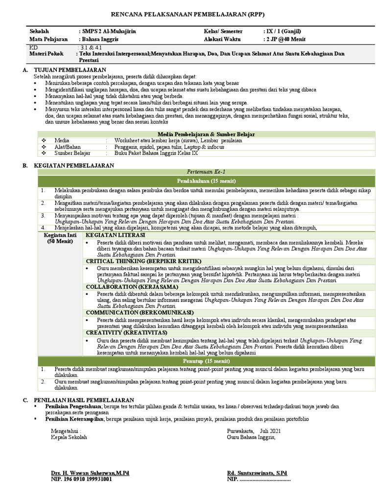 RPP KLS 9 KD.1 | PDF | Karier & Perkembangan | Seni & Disiplin Bahasa