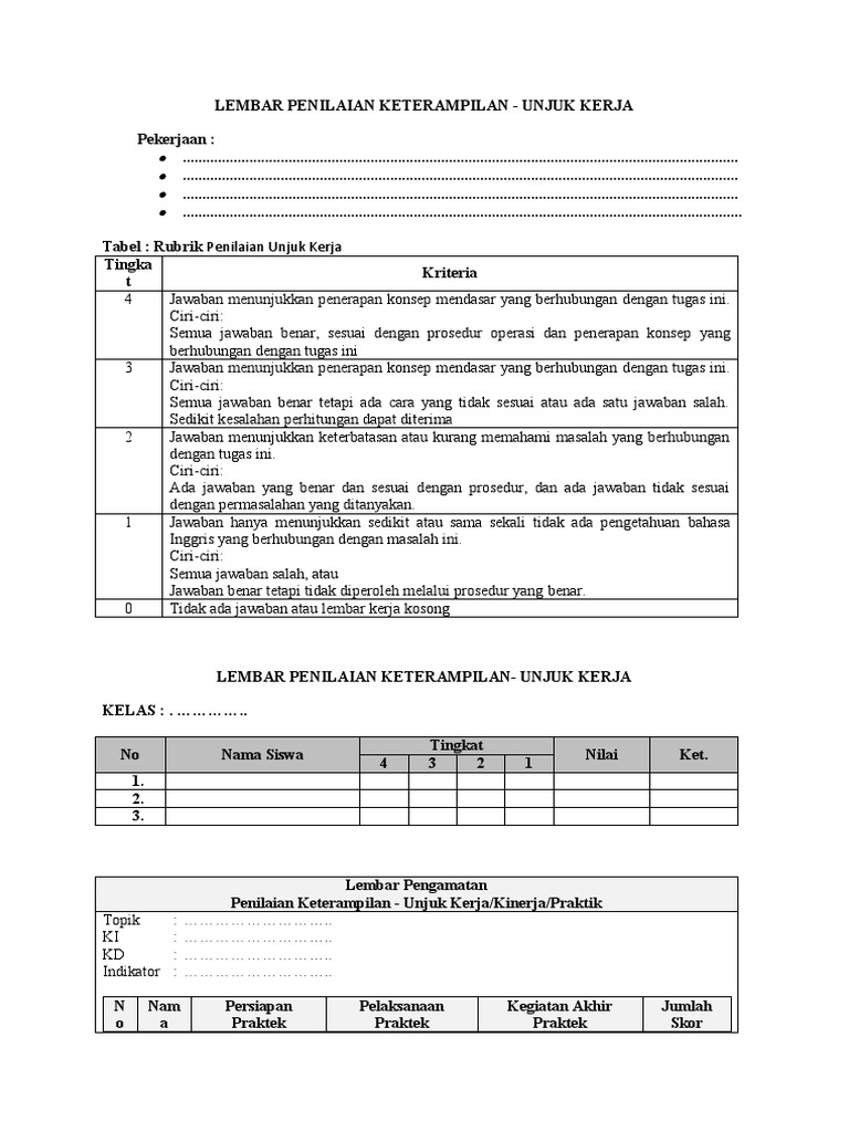Contoh Rubrik Dan Lembar Penilaian Keterampilan | PDF