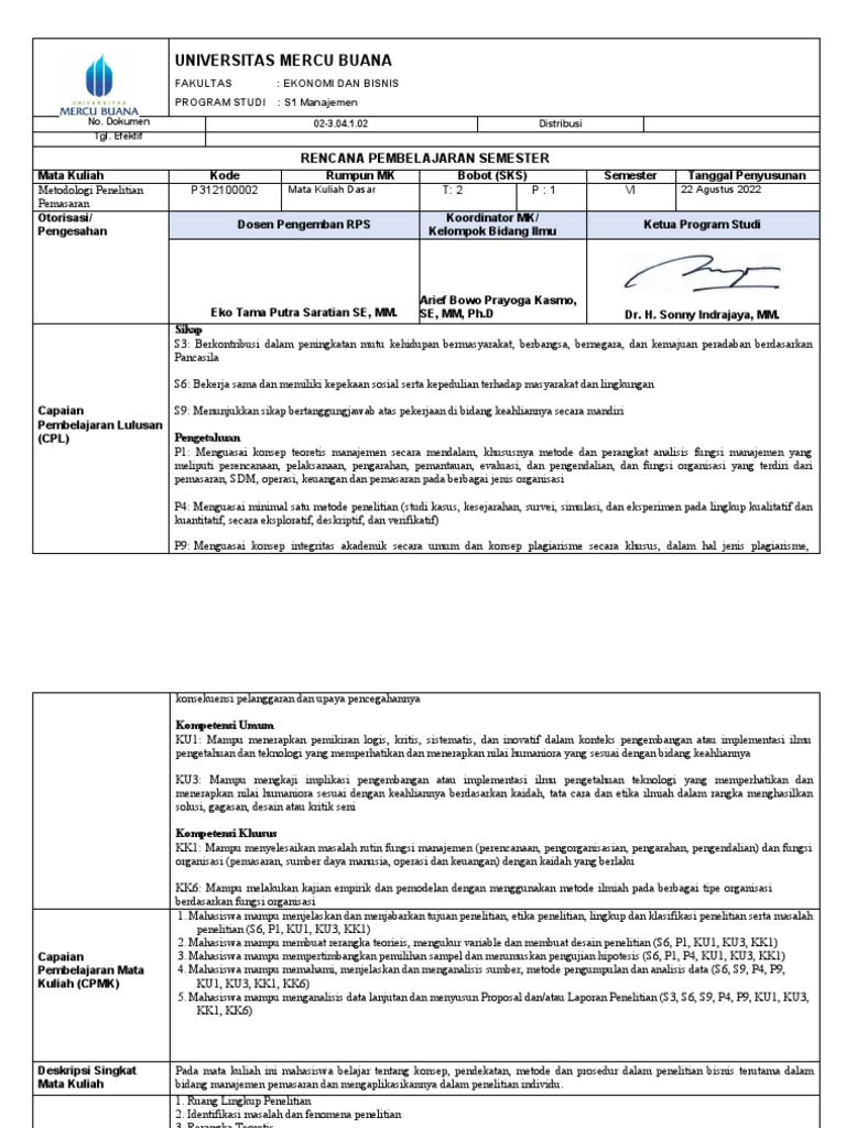 REVISI RPS OBE 2021 - Metodologi Penelitian Pemasaran | PDF