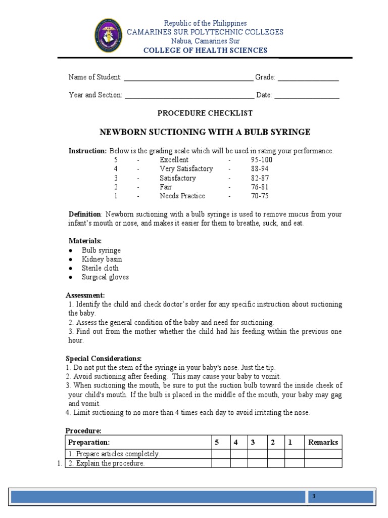 Newborn Suctioning With A Bulb Syringe Checklist | PDF