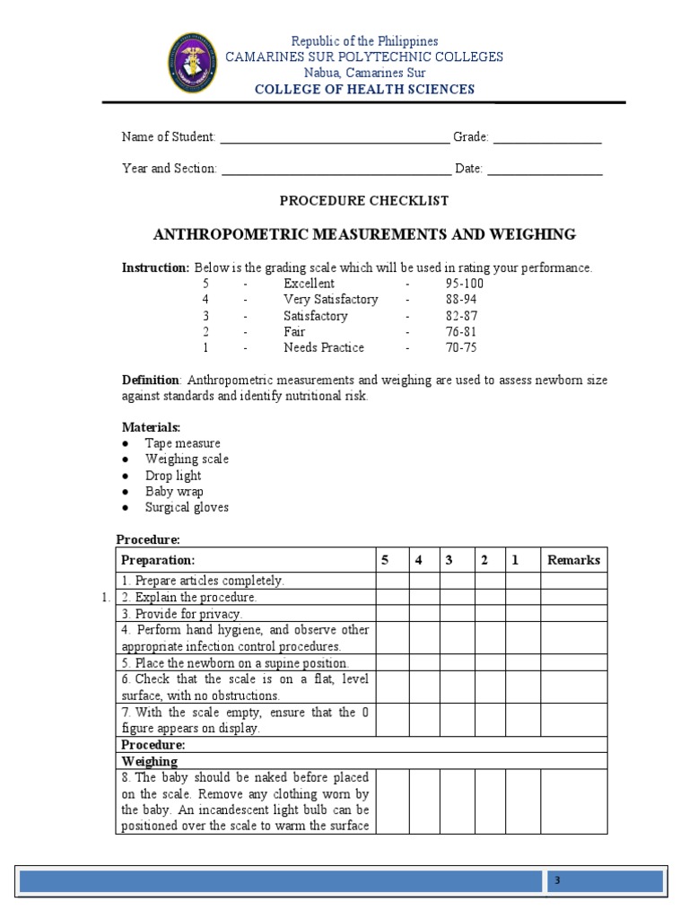 Anthropometric Measurements and Weighing Checklist | PDF