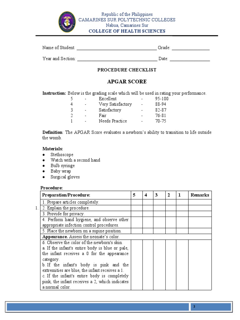 APGAR Score Procedure Checklist | PDF | Self-Improvement | Wellness