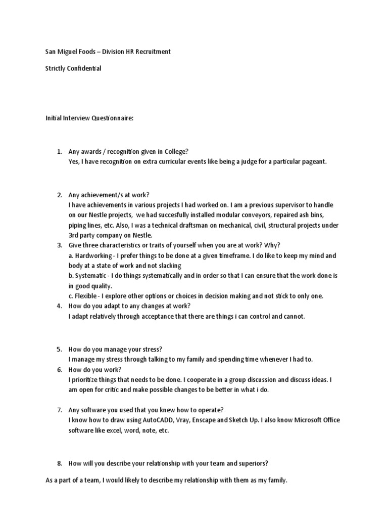 SAS - San Miguel Foods - Initial Questionnaire | PDF | Employment