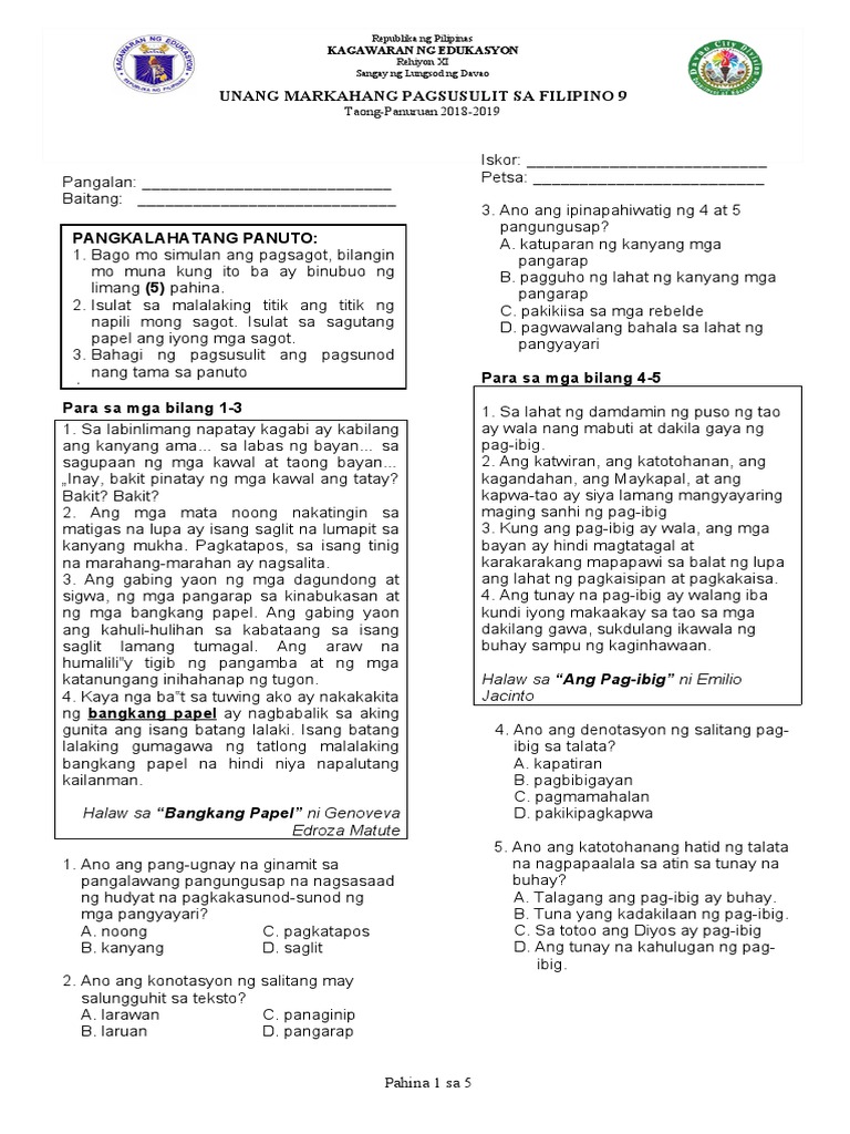FILIPINO 9 First Grading - 2018 2019 | PDF