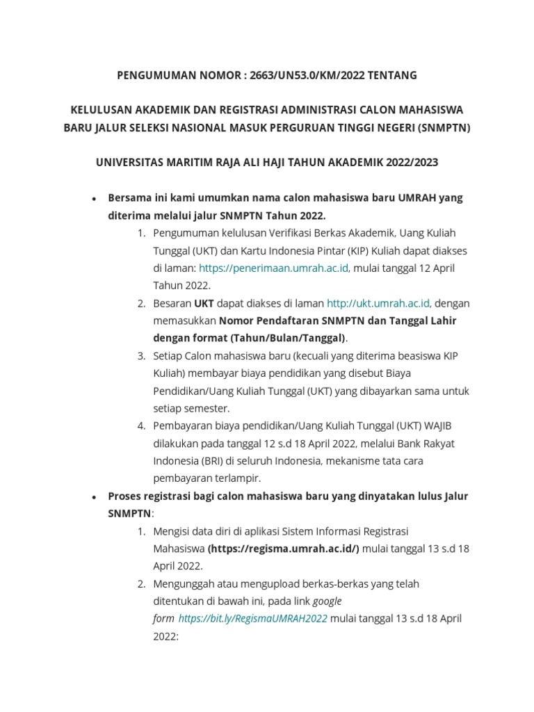 Pengumuman Kelulusan Akademik Dan Registrasi Ulang Calon Mahasiswa Baru Jalur SBMPTN | PDF