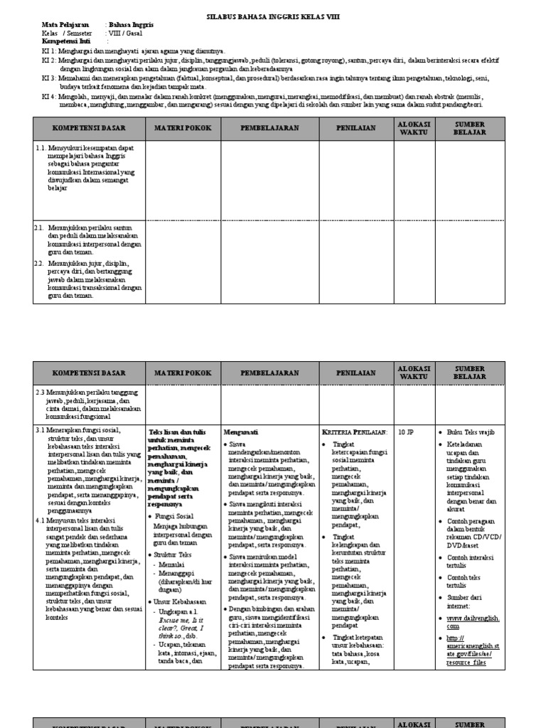 BAHASA INGGRIS Silabus Kelas 8 | PDF