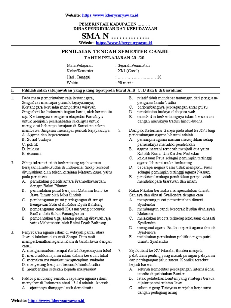 Soal & Jawaban PTS Sejarah Peminatan XI - WWW - Kherysuryawan.id | PDF | Agama & Spiritualitas