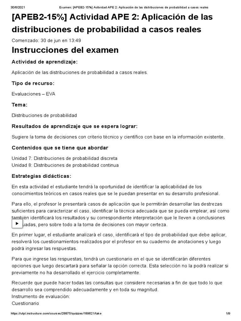 Examen - (APEB2-15%) Actividad APE 2 - Aplicación de Las Distribuciones de Probabilidad A Casos ...